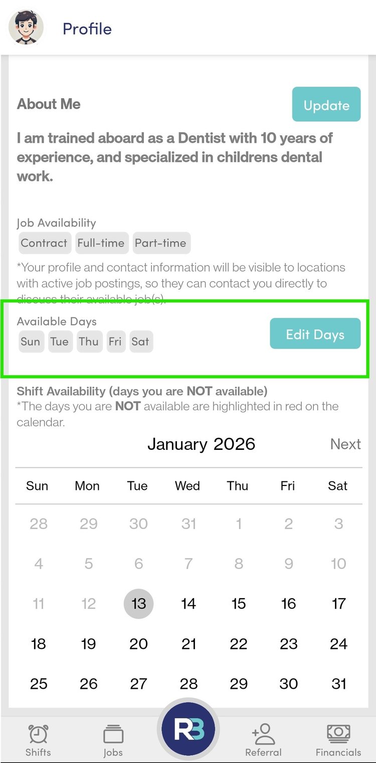 Weekly Availability (Available Days to Work)