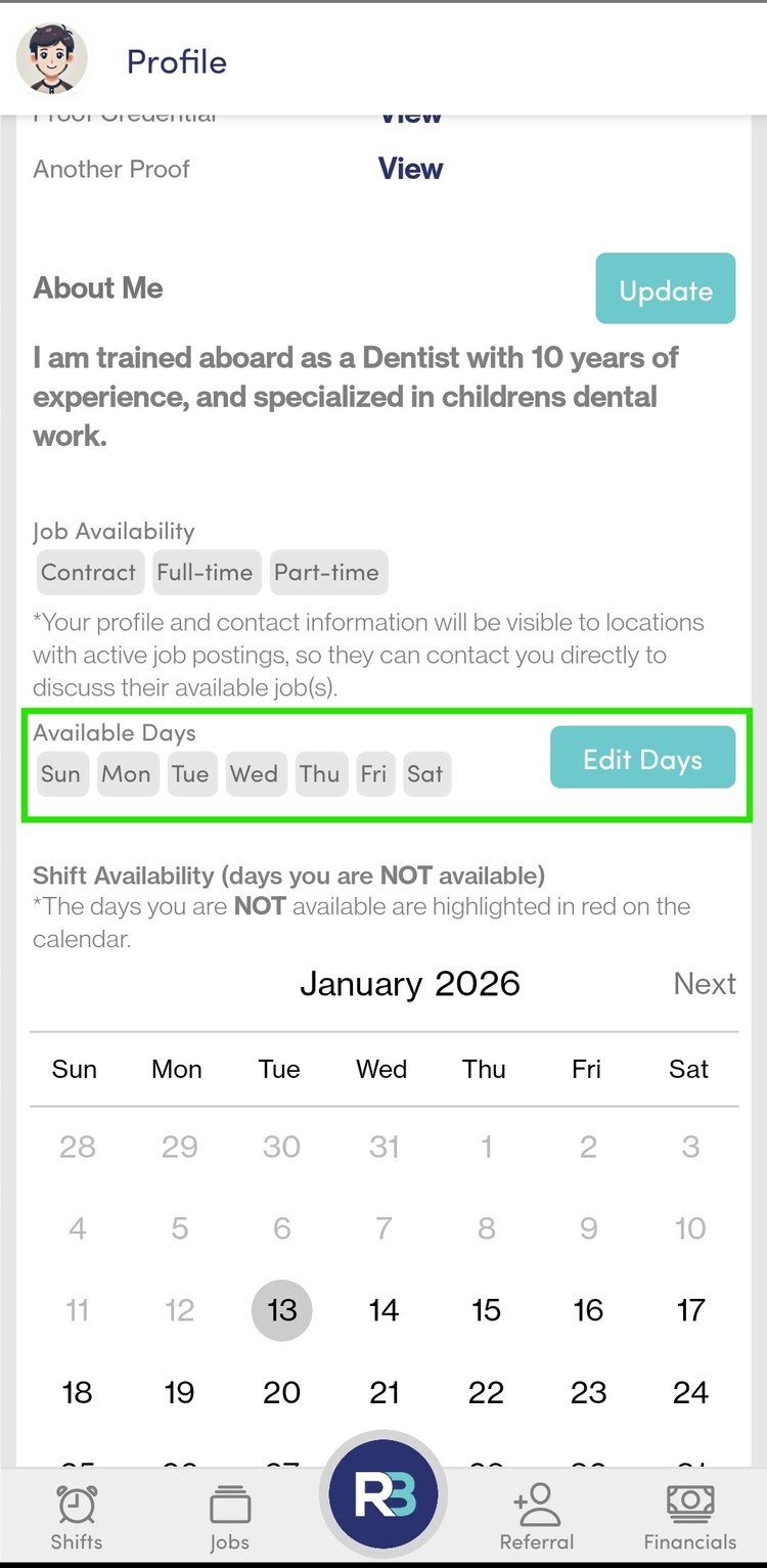 Weekly Availability (Available Days to Work)